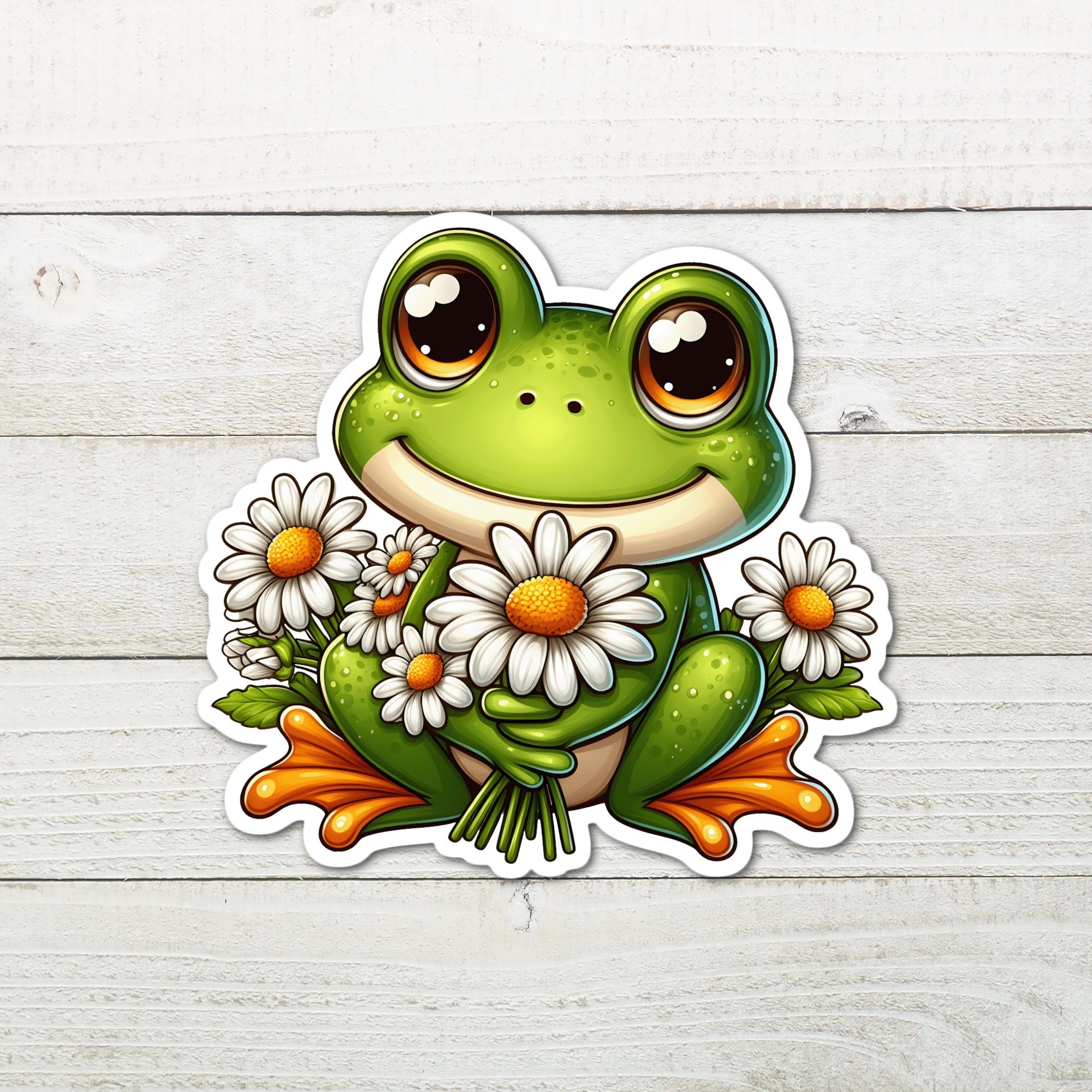 Cute Frog With Daisy Vinyl Sticker, Nature Lover Gift, 3' Frog Sticker ...