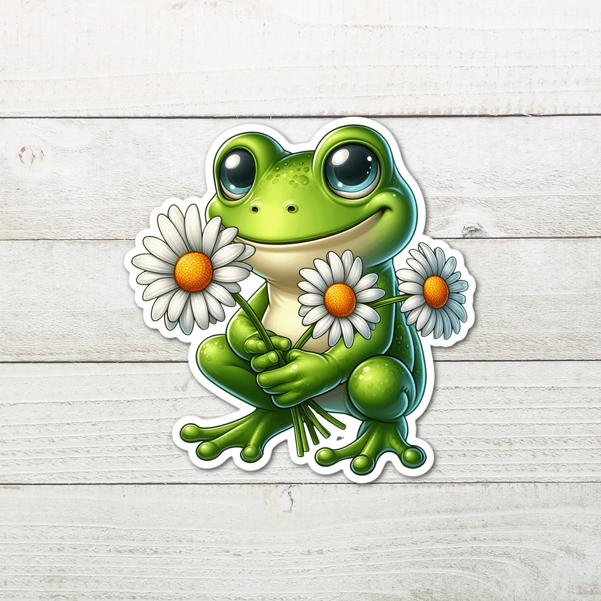Cute Frog With Daisy Vinyl Sticker, Nature Lover Gift, 3' Frog Sticker ...