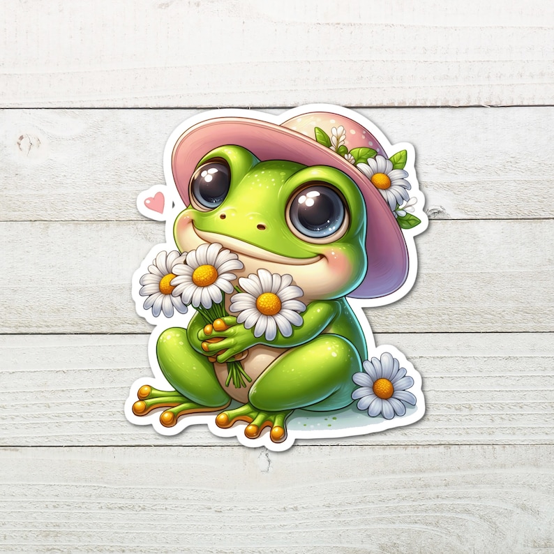 Cute Frog With Daisy Vinyl Sticker, Nature Lover Gift, 3' Frog Sticker ...