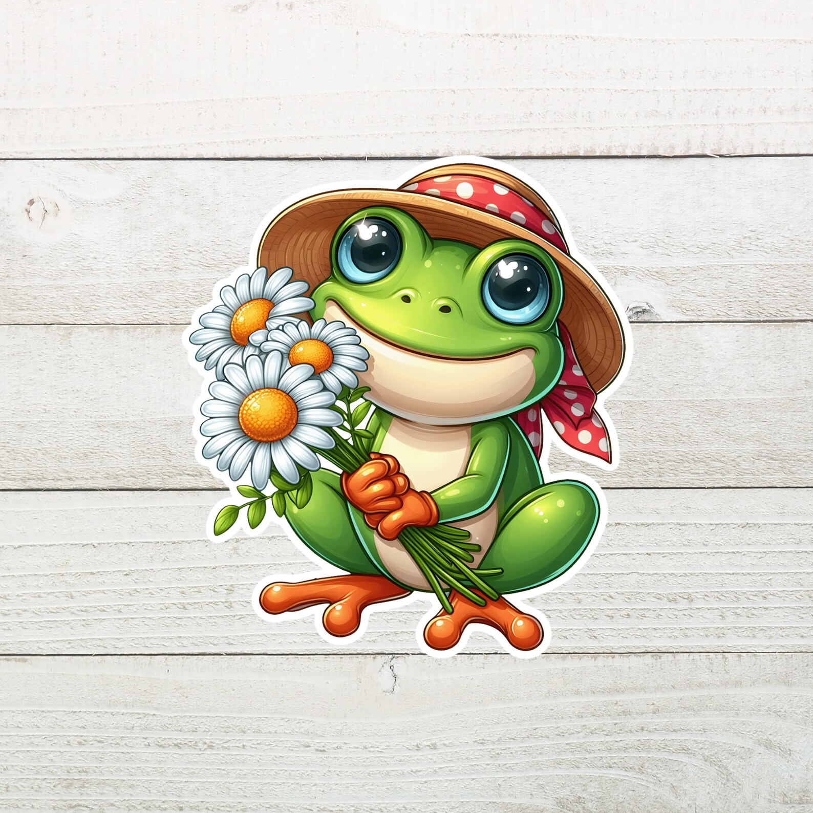 Cute Frog With Daisy Vinyl Sticker, Nature Lover Gift, 3' Frog Sticker ...