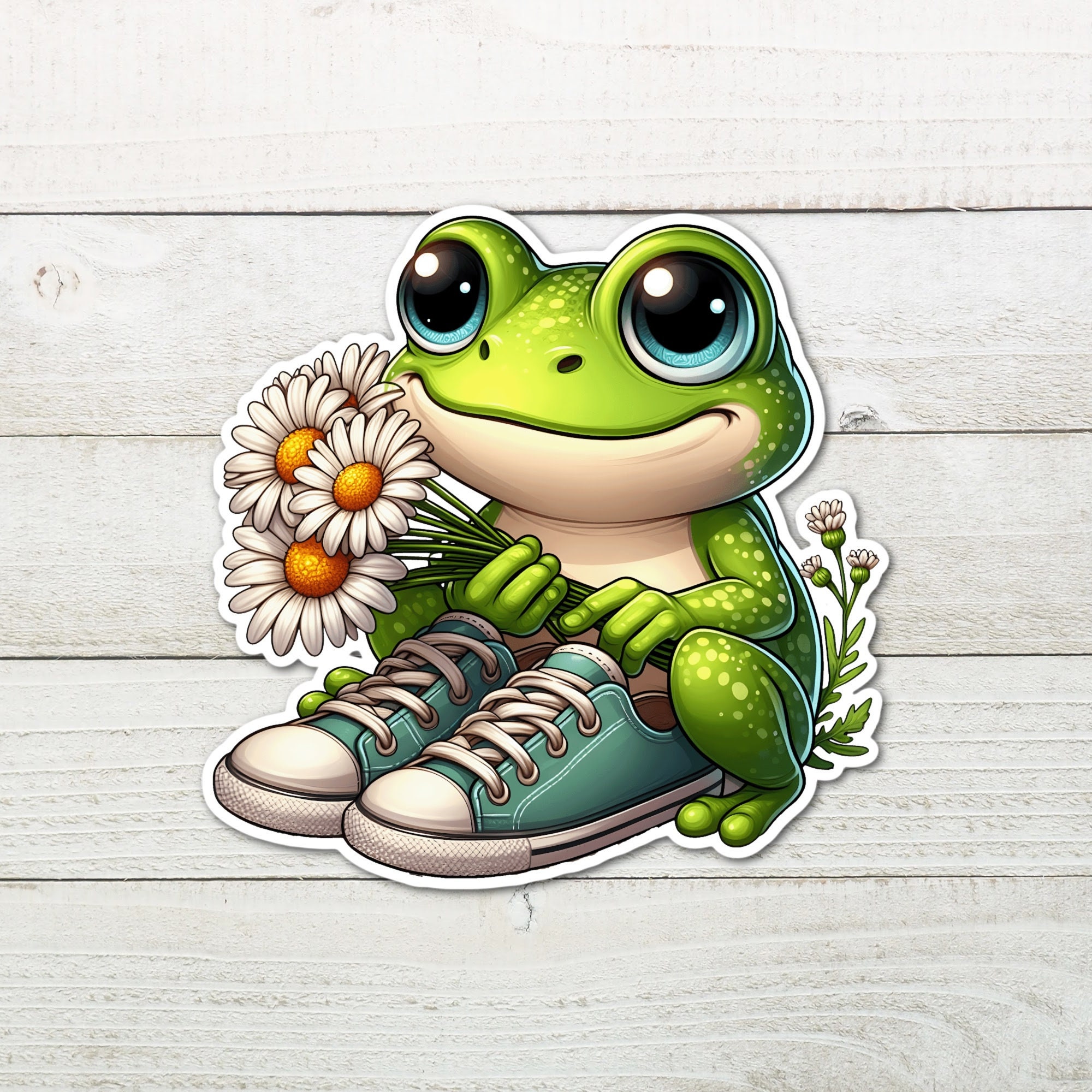 Cute Frog With Daisy Vinyl Sticker, Nature Lover Gift, 3' Frog Sticker ...