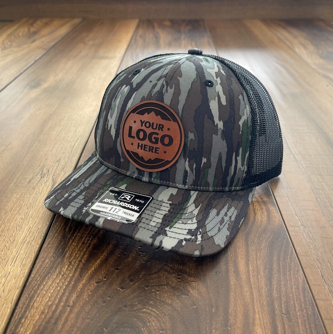 Custom Camo Leather Patch Trucker Hat, Laser Engraved for Company Brand ...