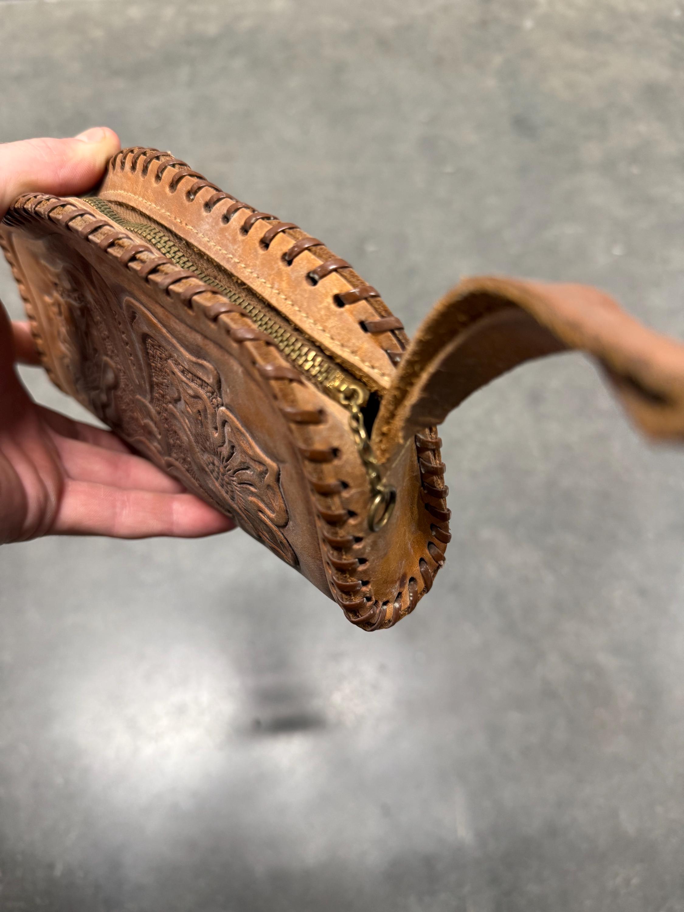 Vintage 1960s 1970s Leather Tooled Wallet Zip Pouch Western Boho Hippie ...