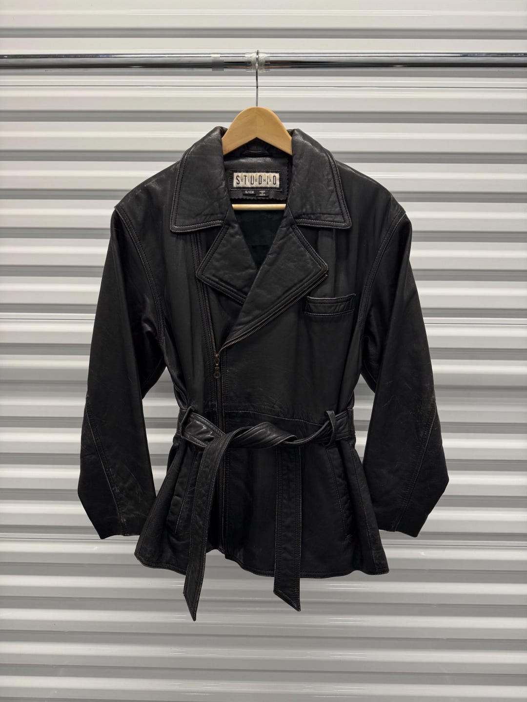 Vintage 80’s Leather Jacket Tie Wrap Waist Retro Design Long Coat Biker ...