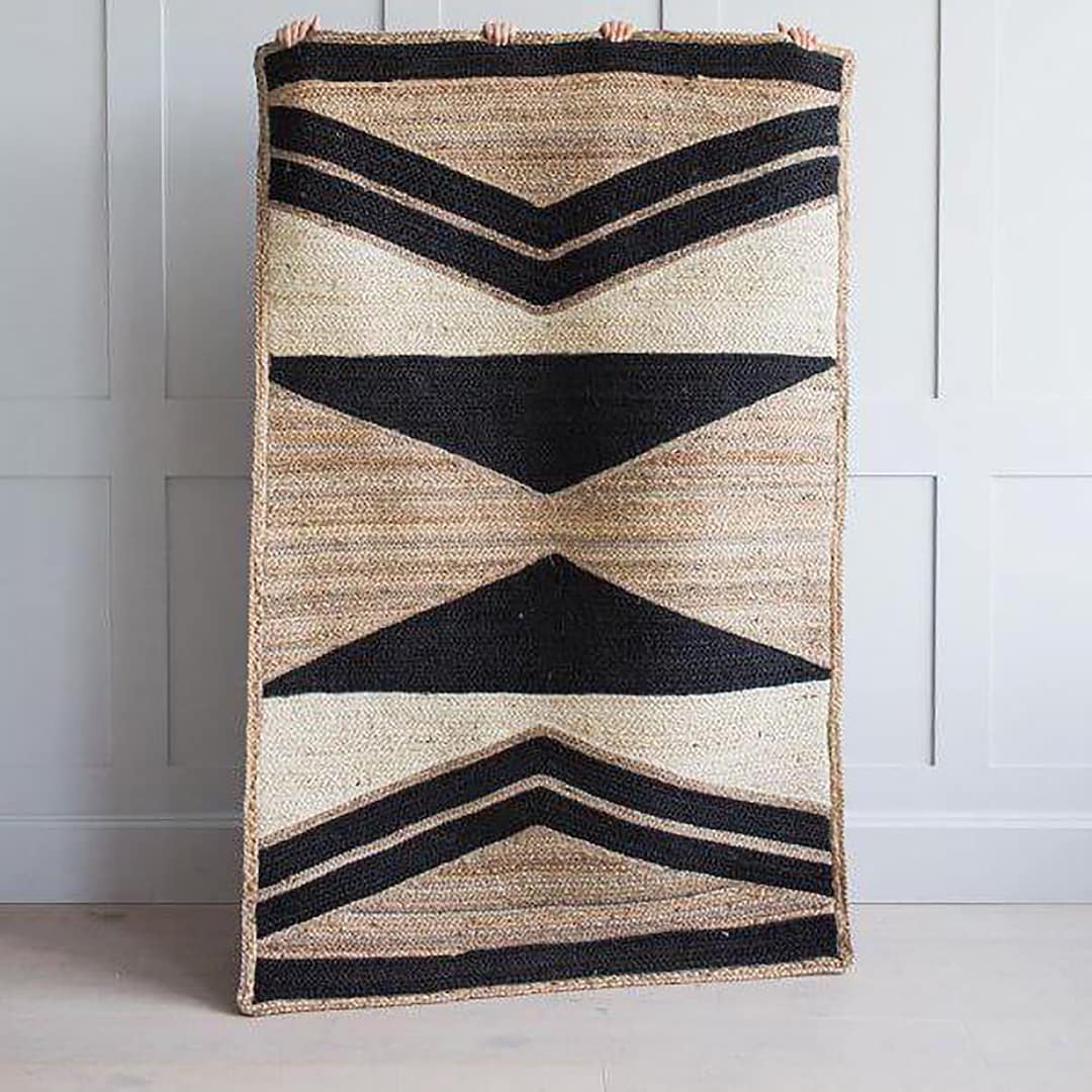 Hand Braided Black Natural Jute Geometric Rug Square Living Room Rug ...