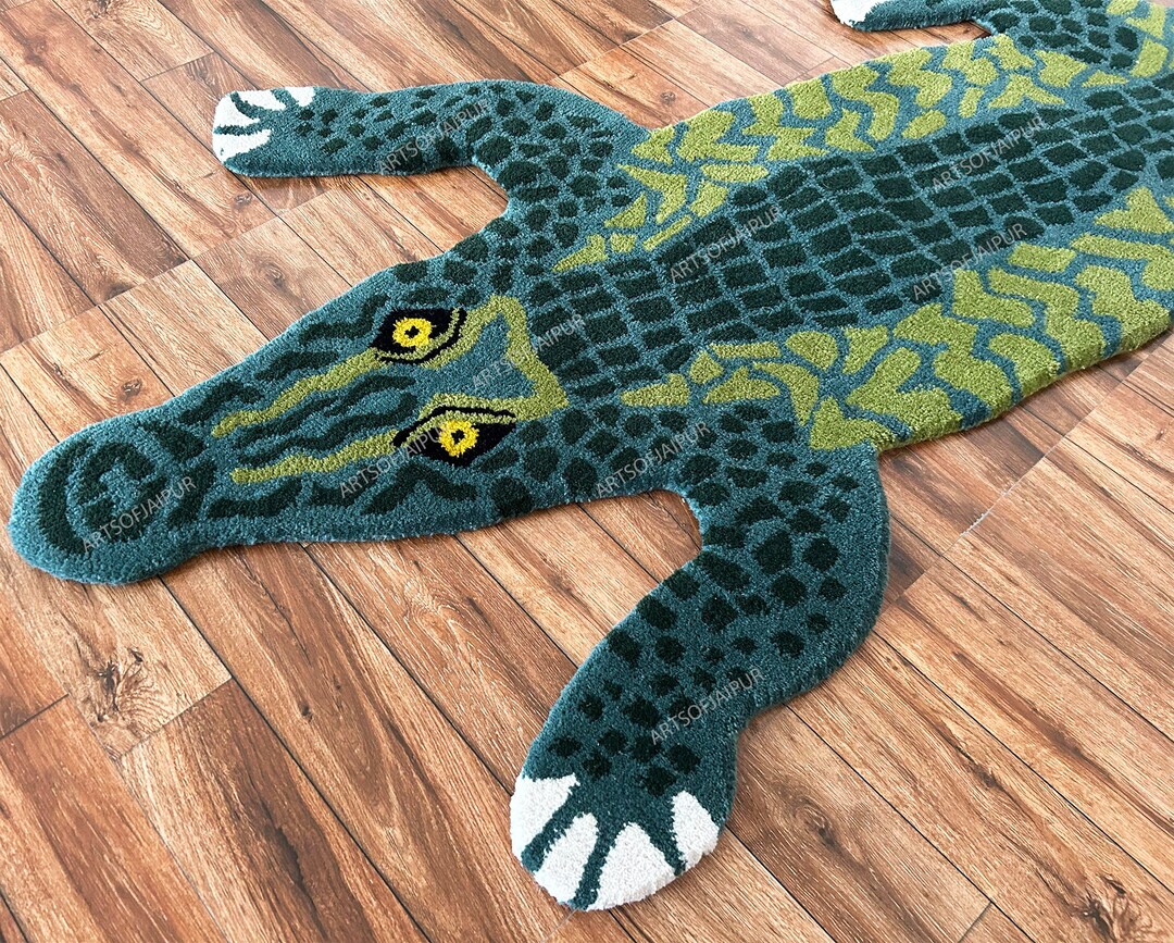 Crocodile Shaped Rug Green Crocodile Skin Hand Tufted Carpet 100% ...