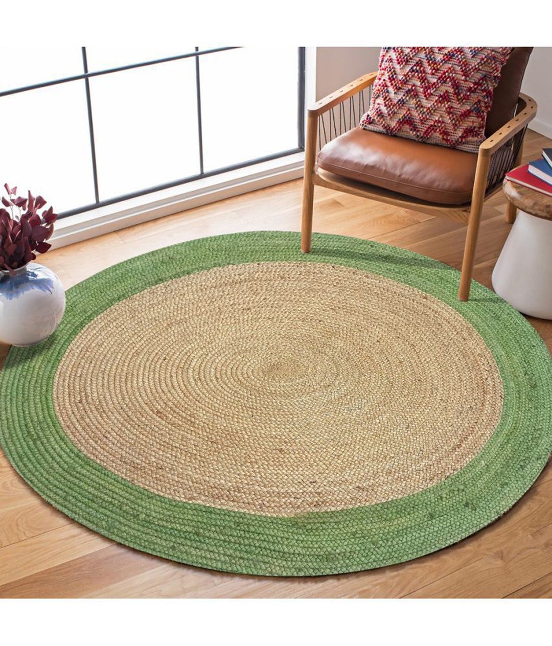 Hand Braided Round Green Border Jute Rug Handmade Round Area - Etsy