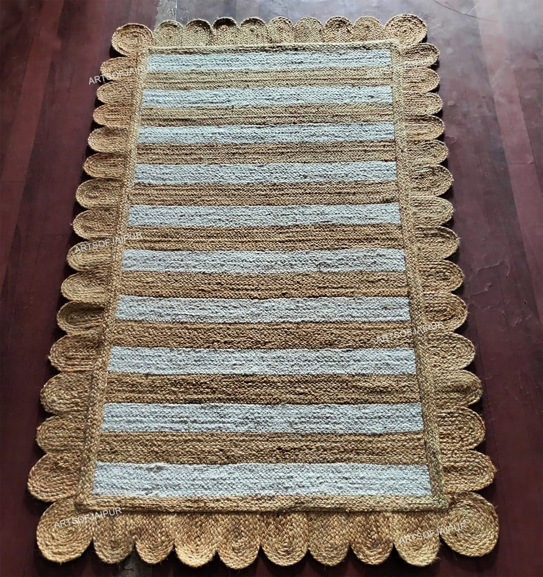Jute Scalloped Rug Wave Edge Jute Rug Hand Braided Rug Jute Large ...