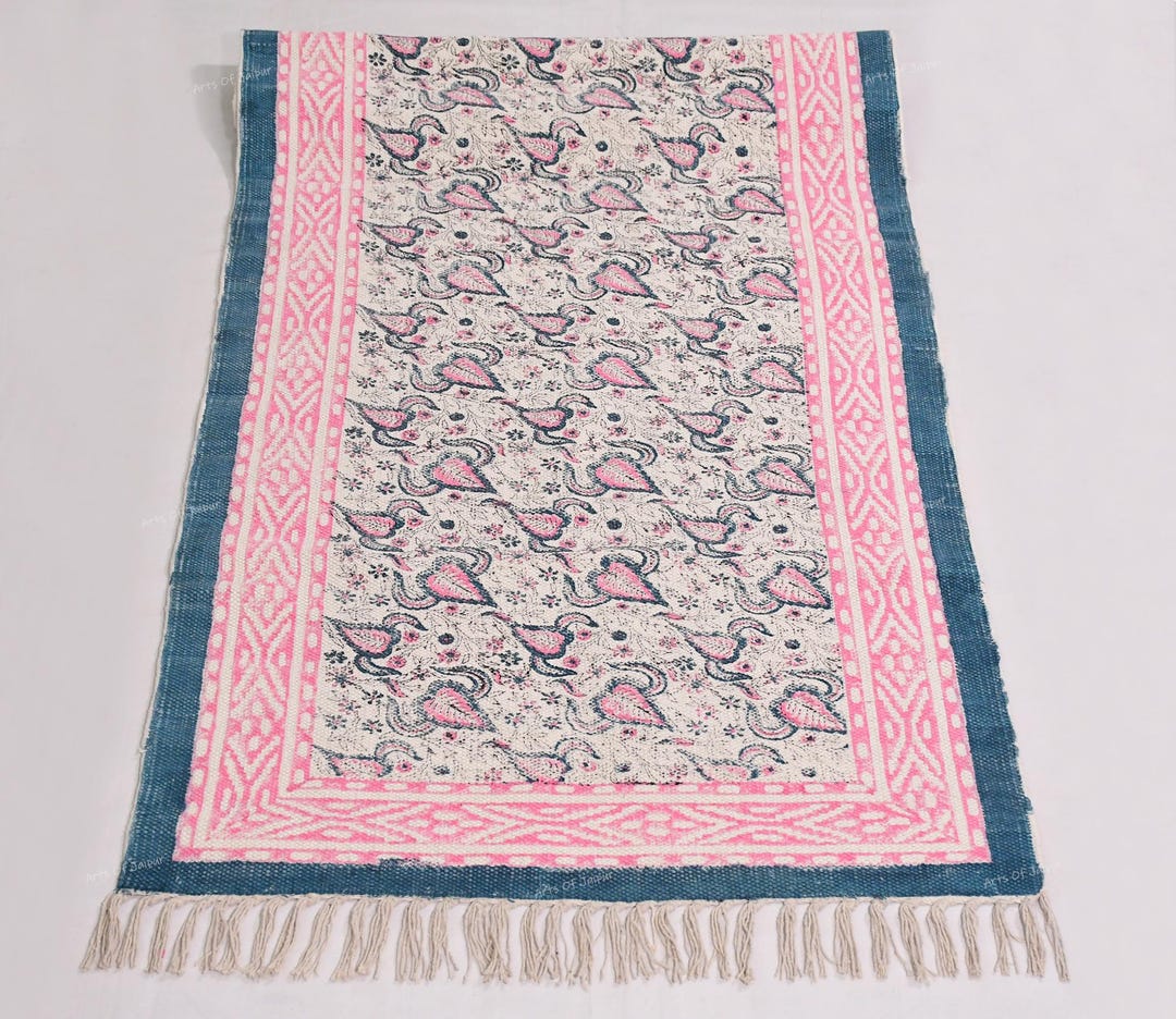 Block Printed Cotton Runner Blue Pink Washable Area Rug, Rug for ...