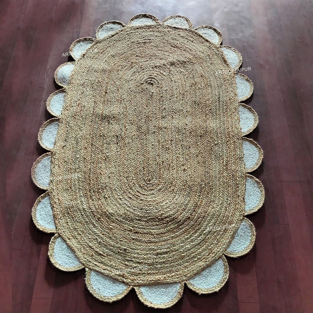 Scalloped Hand Braided Natural Jute Rug With White Border, Handmade ...