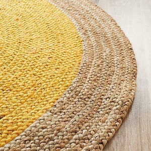 Natural Jute Yellow Rug Hand Braided Round Rug Beige Border Circle Area ...