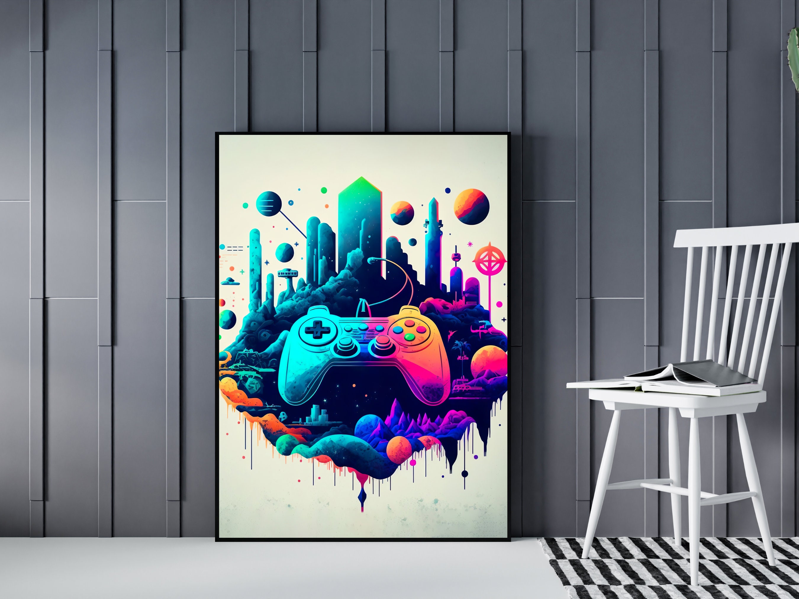 Gaming Controller Wall Art, Game Room Decor, Digital Download, Neon ...