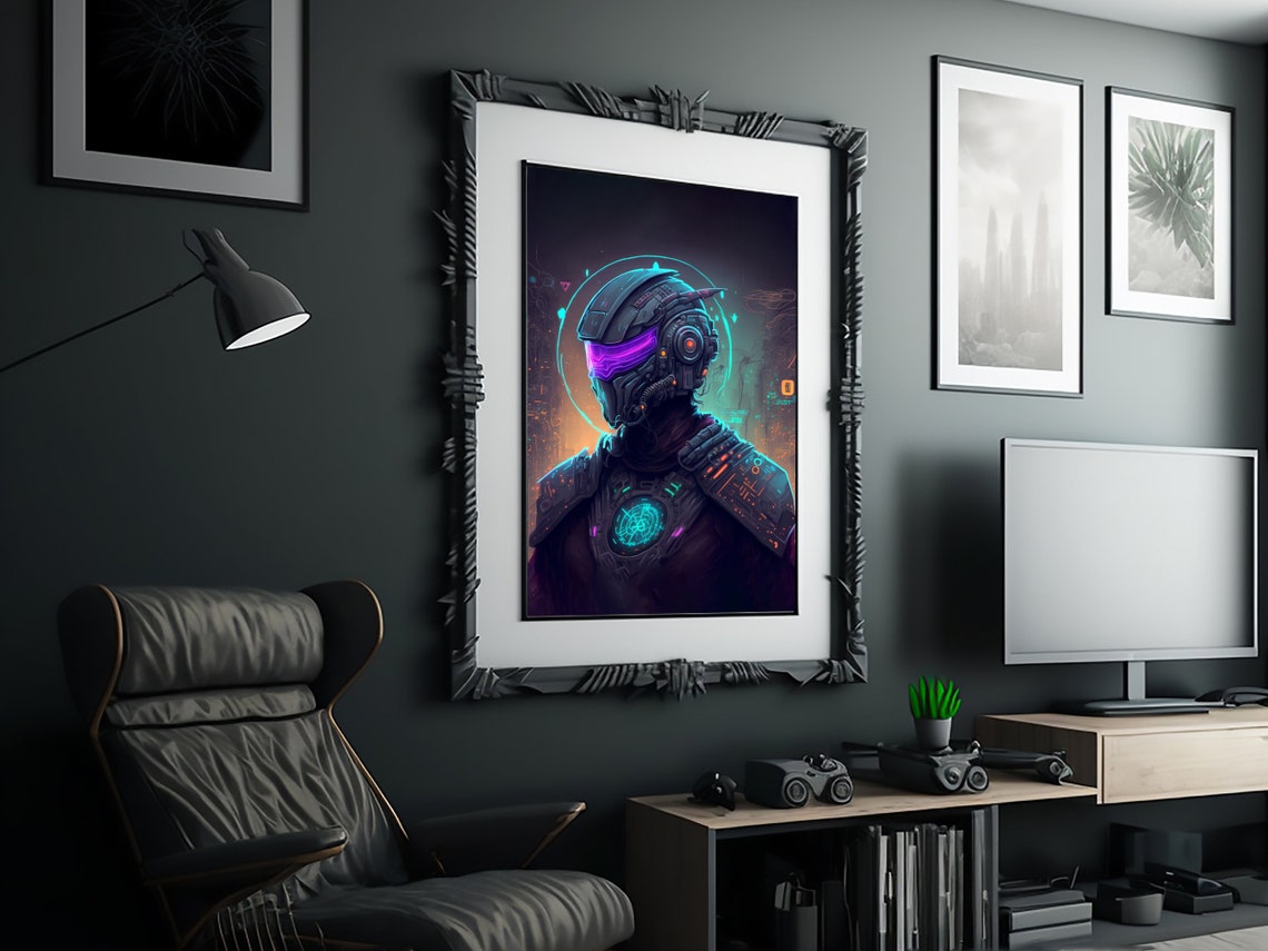 Cyberpunk Gamer Wall Art, Printable Neon Figure in Helmet Digital Art ...