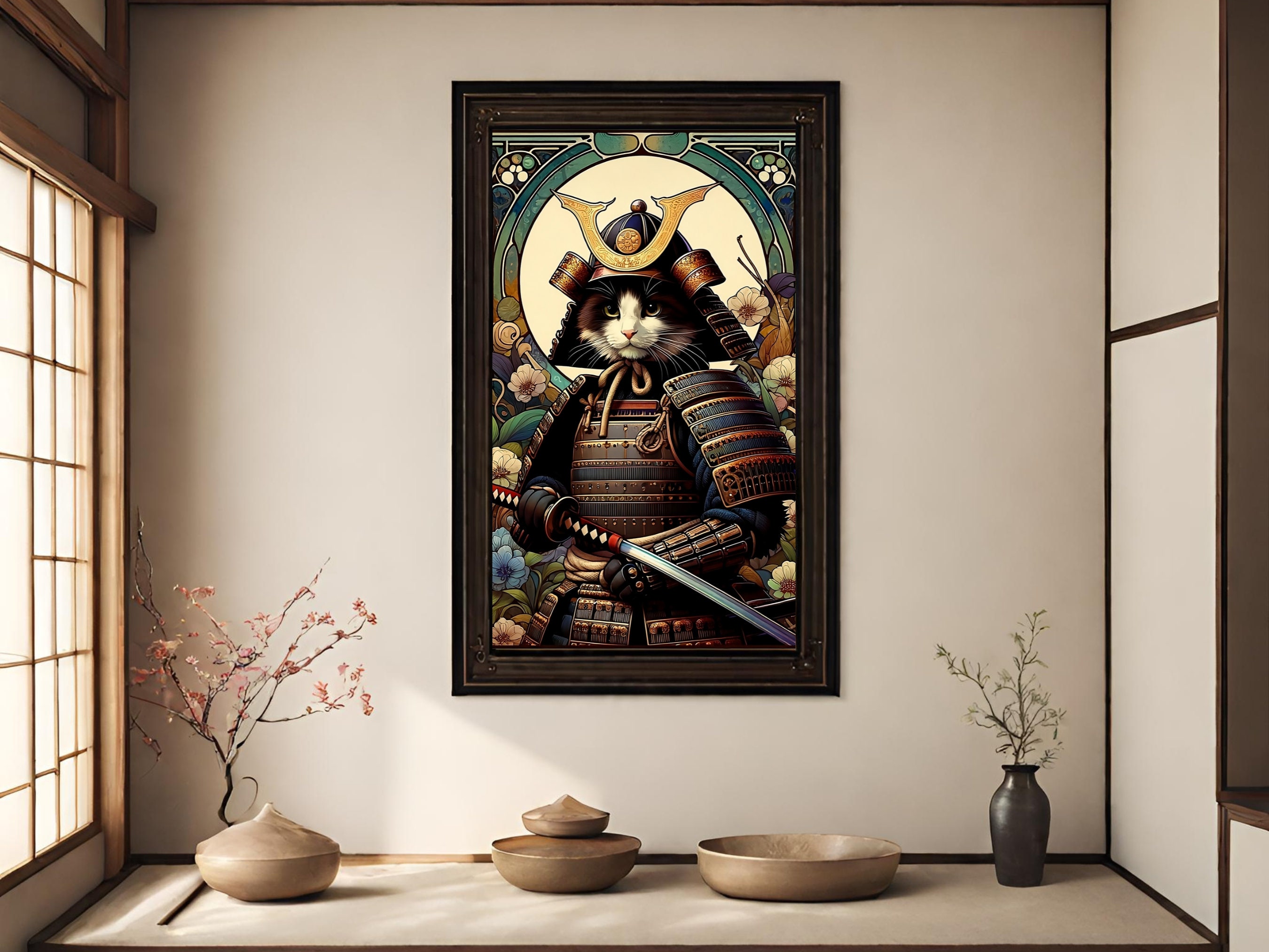 Art Nouveau Samurai Cat Print: Japanese Animal Poster (digital Download ...