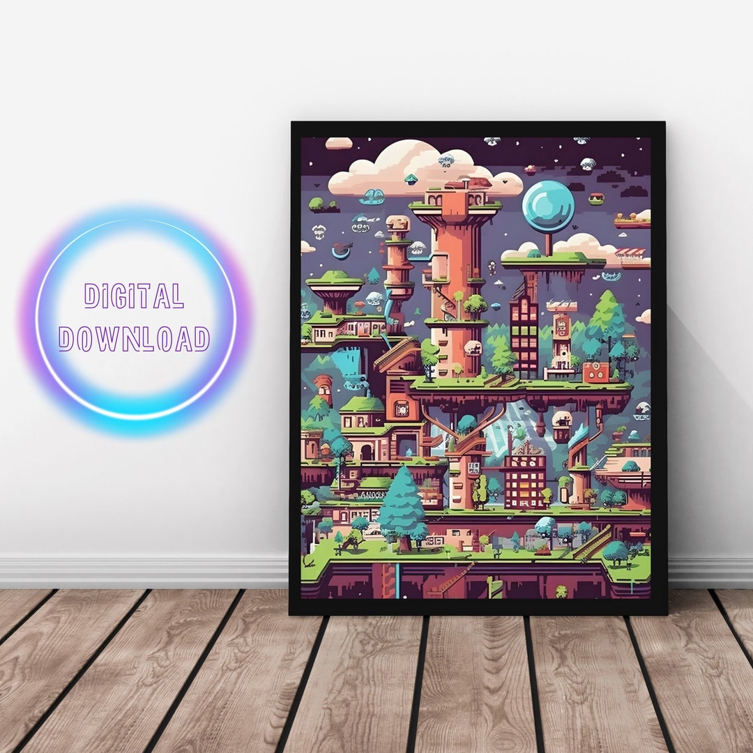 Retro Arcade Cityscape Art Print: Vintage Game Room Decor (digital ...