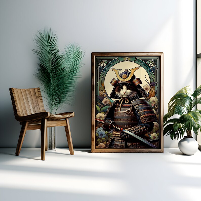 Art Nouveau Samurai Cat Print: Japanese Animal Poster (digital Download ...