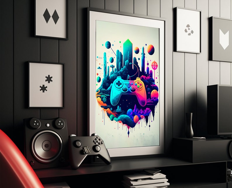 Gaming Controller Wall Art, Game Room Decor, Digital Download, Neon ...
