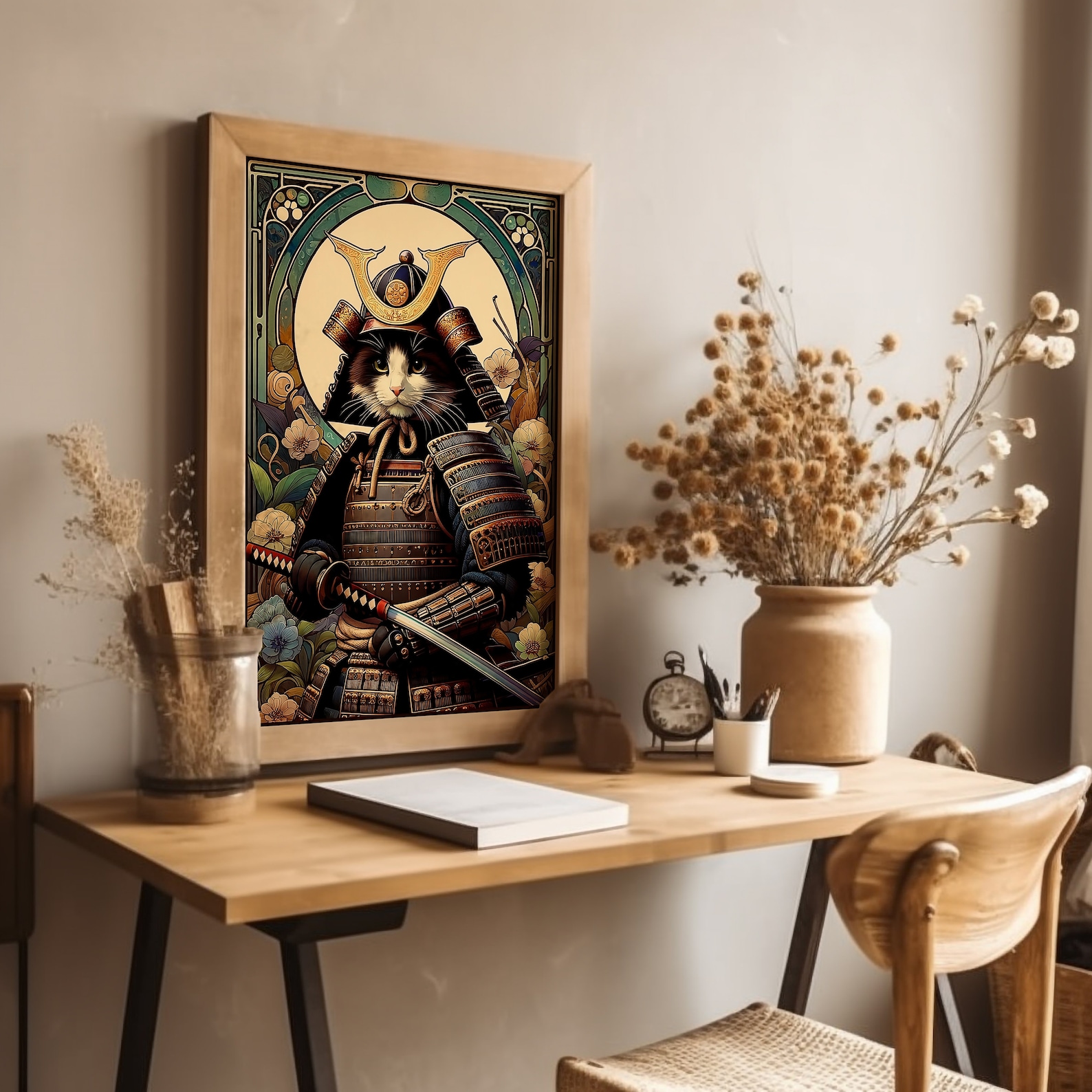 Art Nouveau Samurai Cat Print: Japanese Animal Poster (digital Download ...