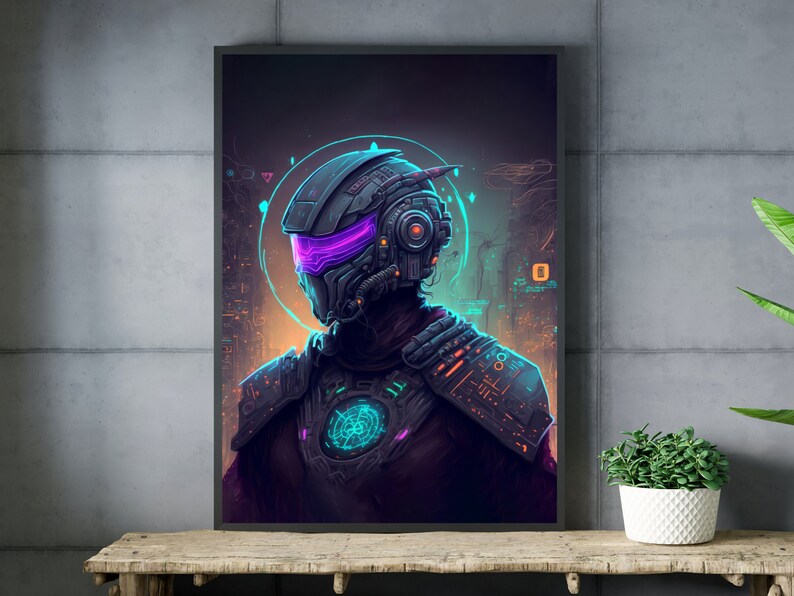Cyberpunk Gamer Wall Art, Printable Neon Figure in Helmet Digital Art ...