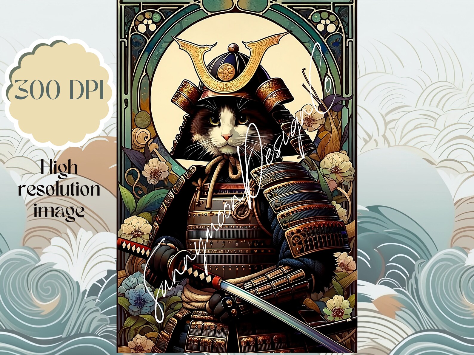 Art Nouveau Samurai Cat Print: Japanese Animal Poster (digital Download ...