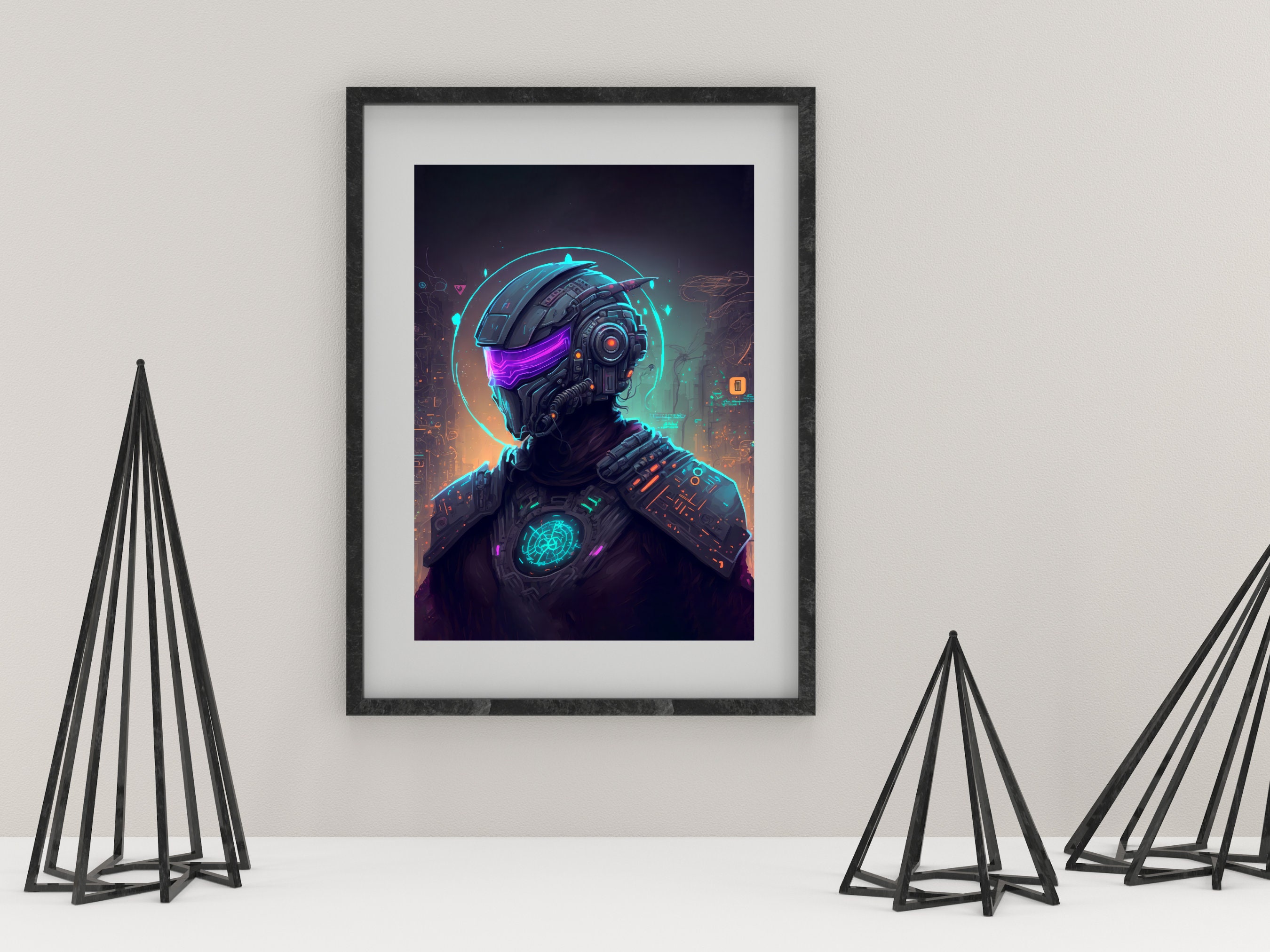 Cyberpunk Gamer Wall Art, Printable Neon Figure in Helmet Digital Art ...