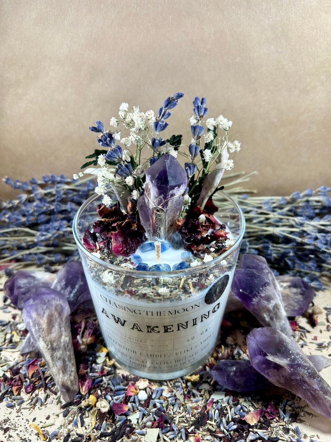 Awakening Intention Crystal Candle Botanical Blend Bahai Amethyst Soy