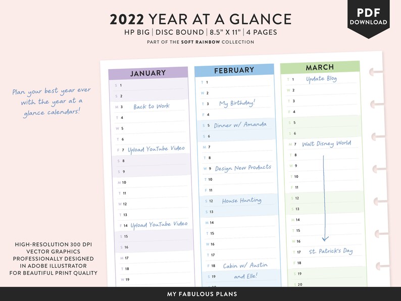 Printable Year at a Glance Planner Insert Dated Yearly Calendar Yearly ...