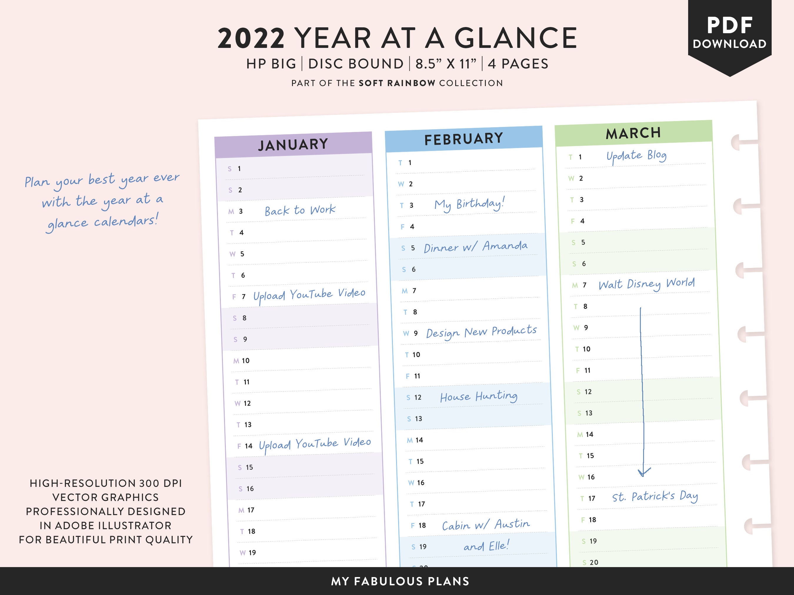 Printable Year at a Glance Planner Insert Dated Yearly Calendar Yearly ...