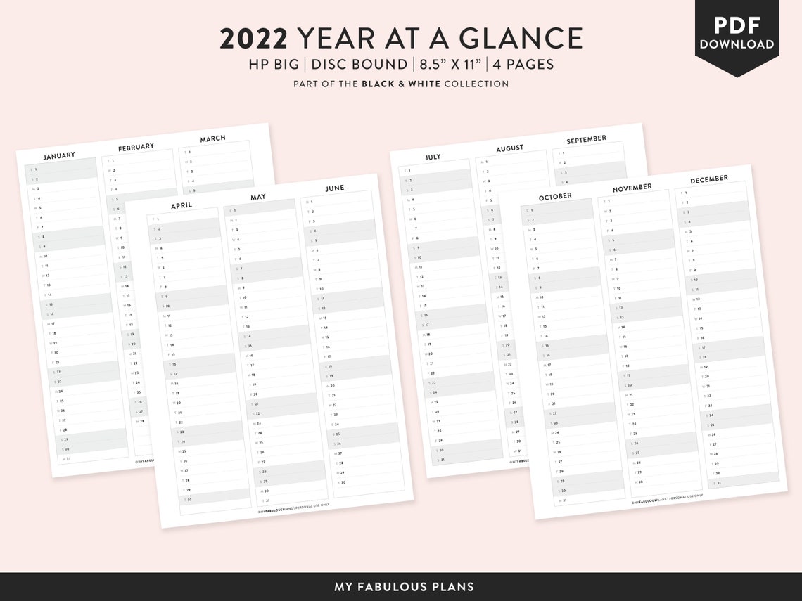Printable Year at a Glance Planner Insert Dated Yearly Calendar Yearly ...