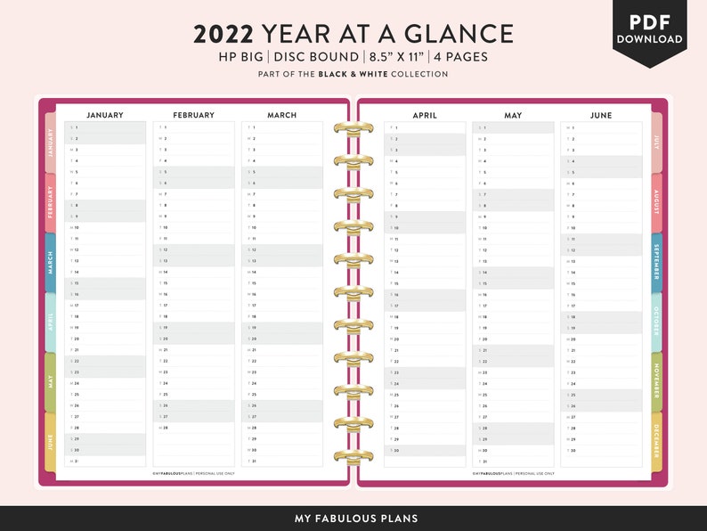 Printable Year at a Glance Planner Insert Dated Yearly Calendar Yearly ...