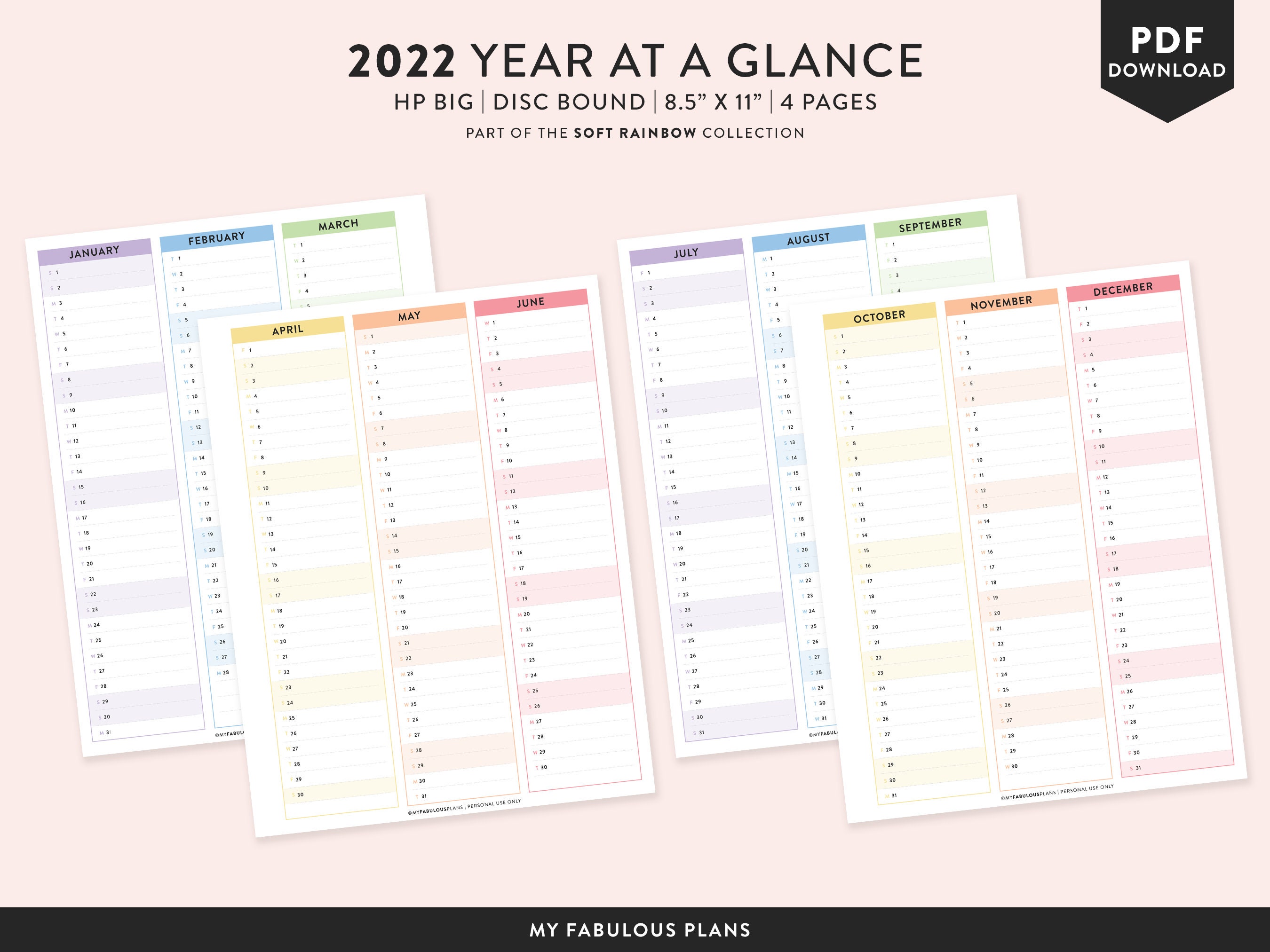 Printable Year at a Glance Planner Insert Dated Yearly Calendar Yearly ...