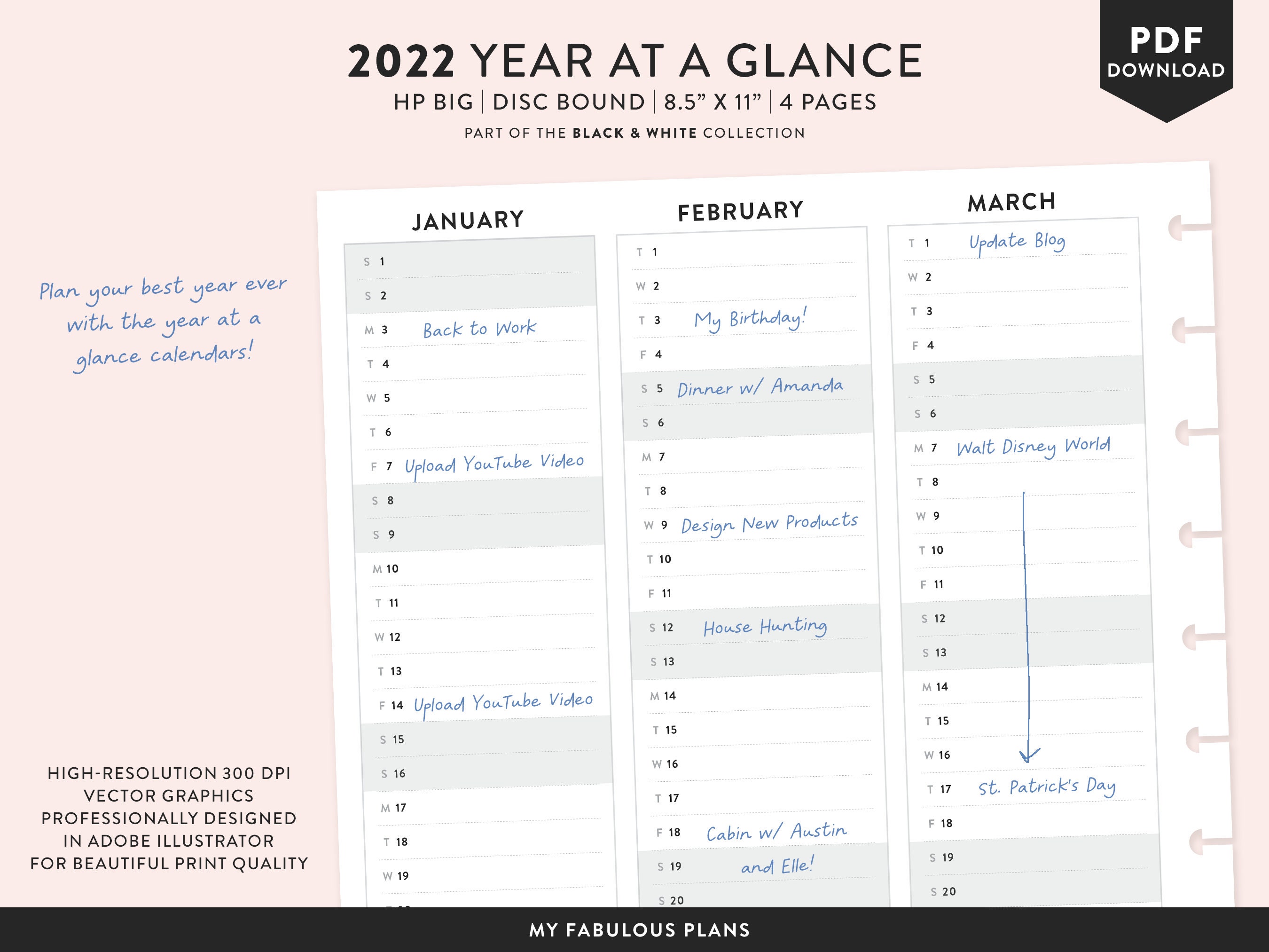 Printable Year at a Glance Planner Insert Dated Yearly Calendar Yearly ...