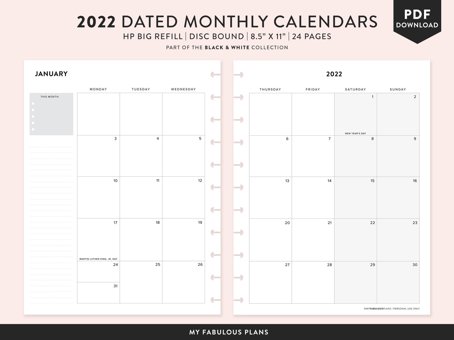 Big Happy Planner Printable Two-page Monthly Calendar 2022 Dated ...