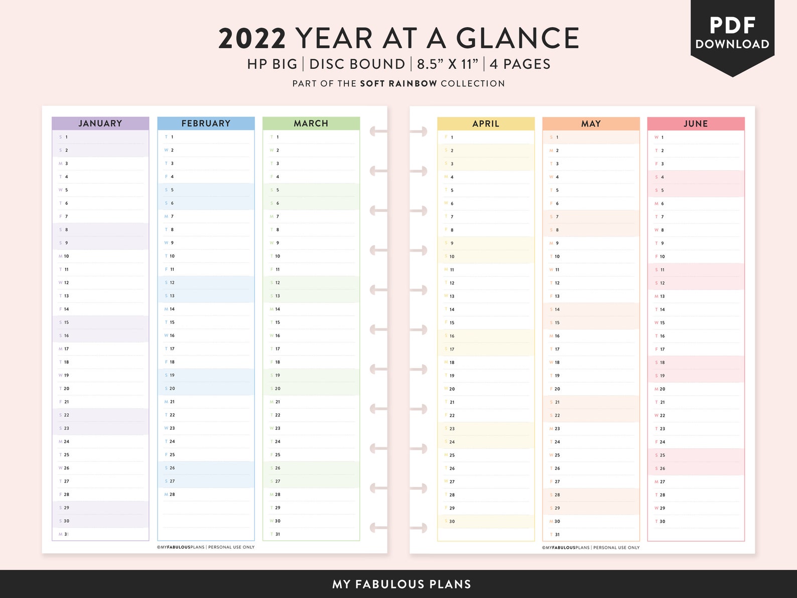 Printable Year at a Glance Planner Insert Dated Yearly Calendar Yearly ...