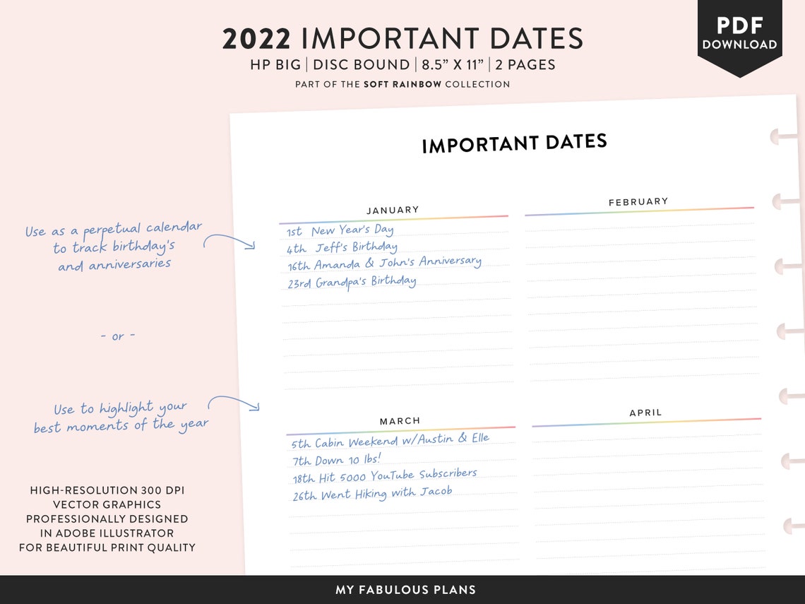 Printable Important Date Year at a Glance Perpetual Calendar Year in ...