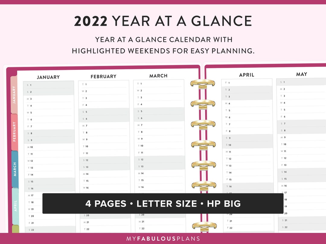 Printable Year at a Glance Planner Insert Dated Yearly Calendar Yearly ...