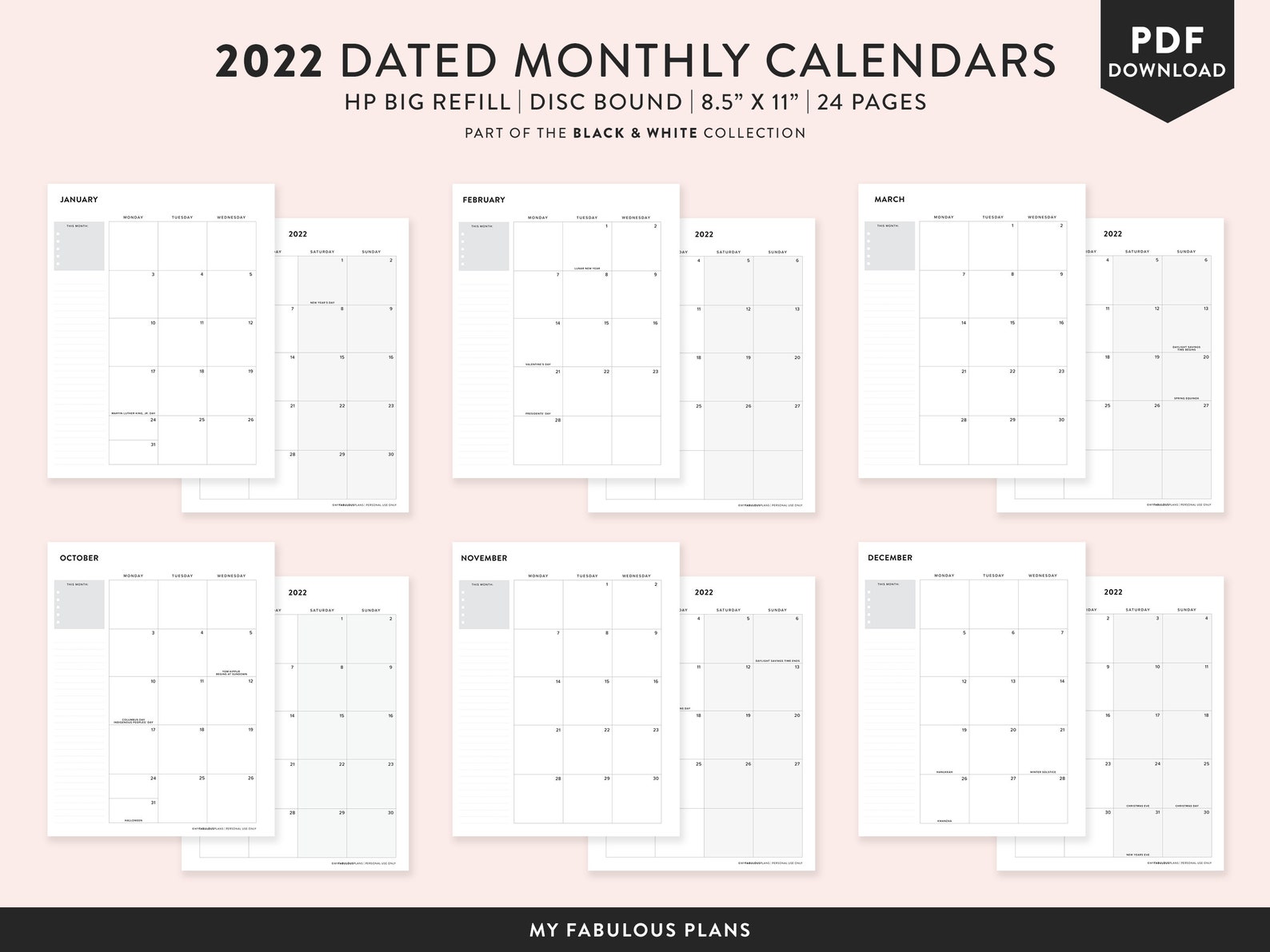 Big Happy Planner Printable Two-page Monthly Calendar 2022 Dated ...