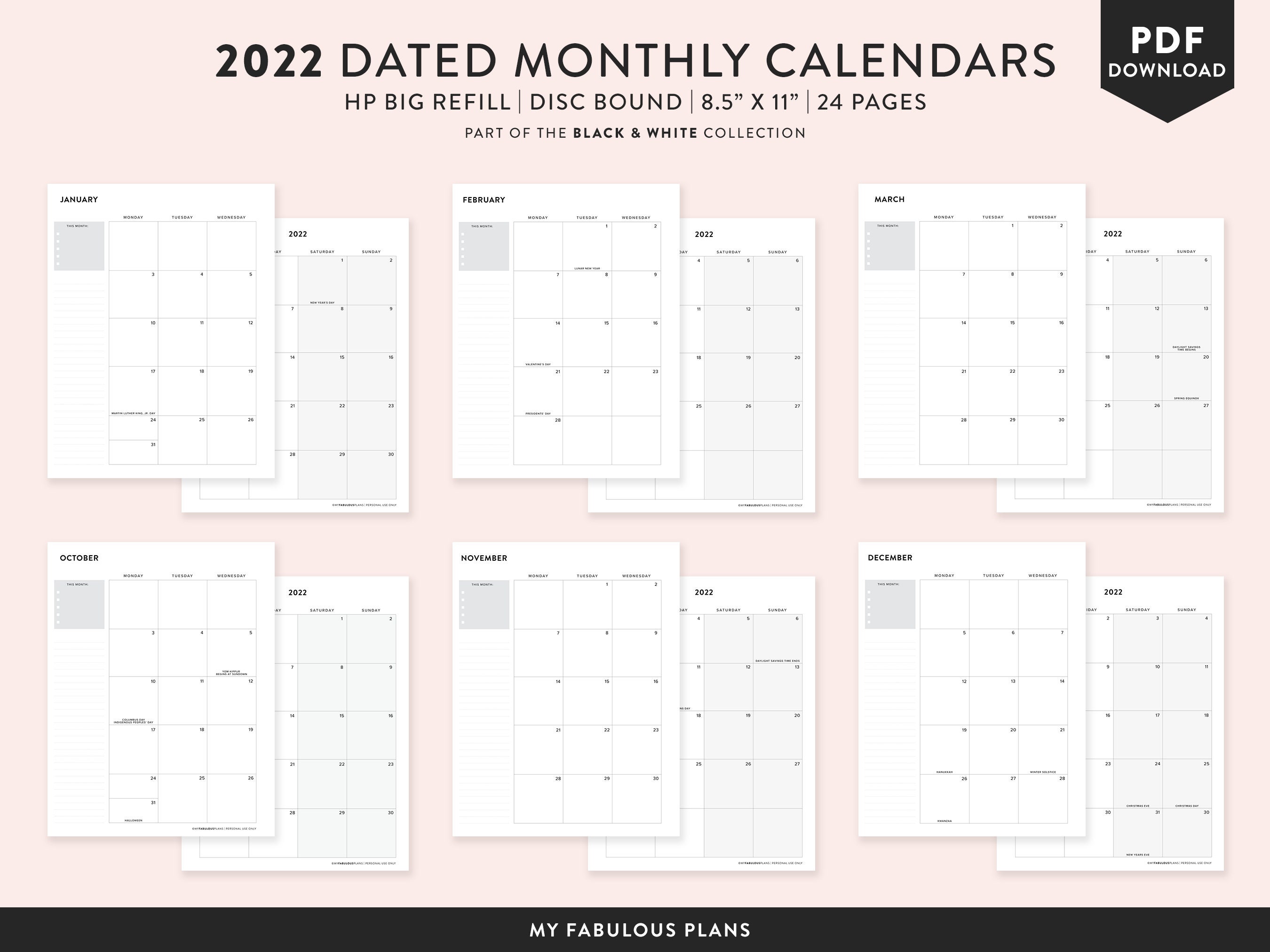 Big Happy Planner Printable Two-page Monthly Calendar 2022 Dated ...