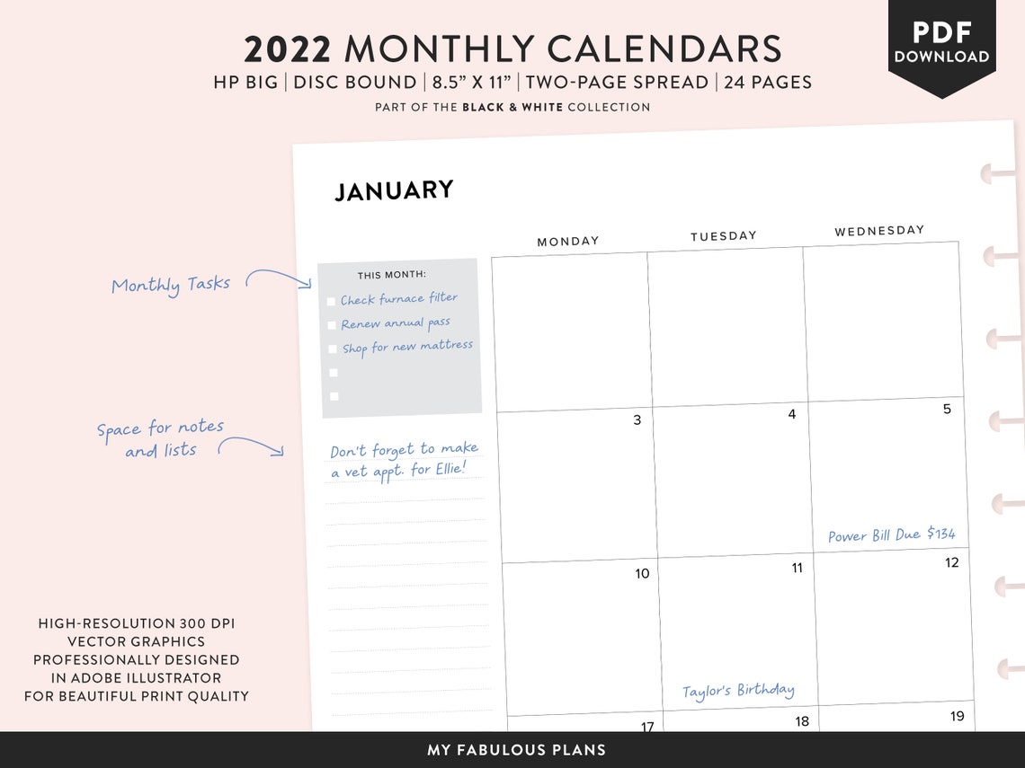 Big Happy Planner Printable Two-page Monthly Calendar 2022 Dated ...