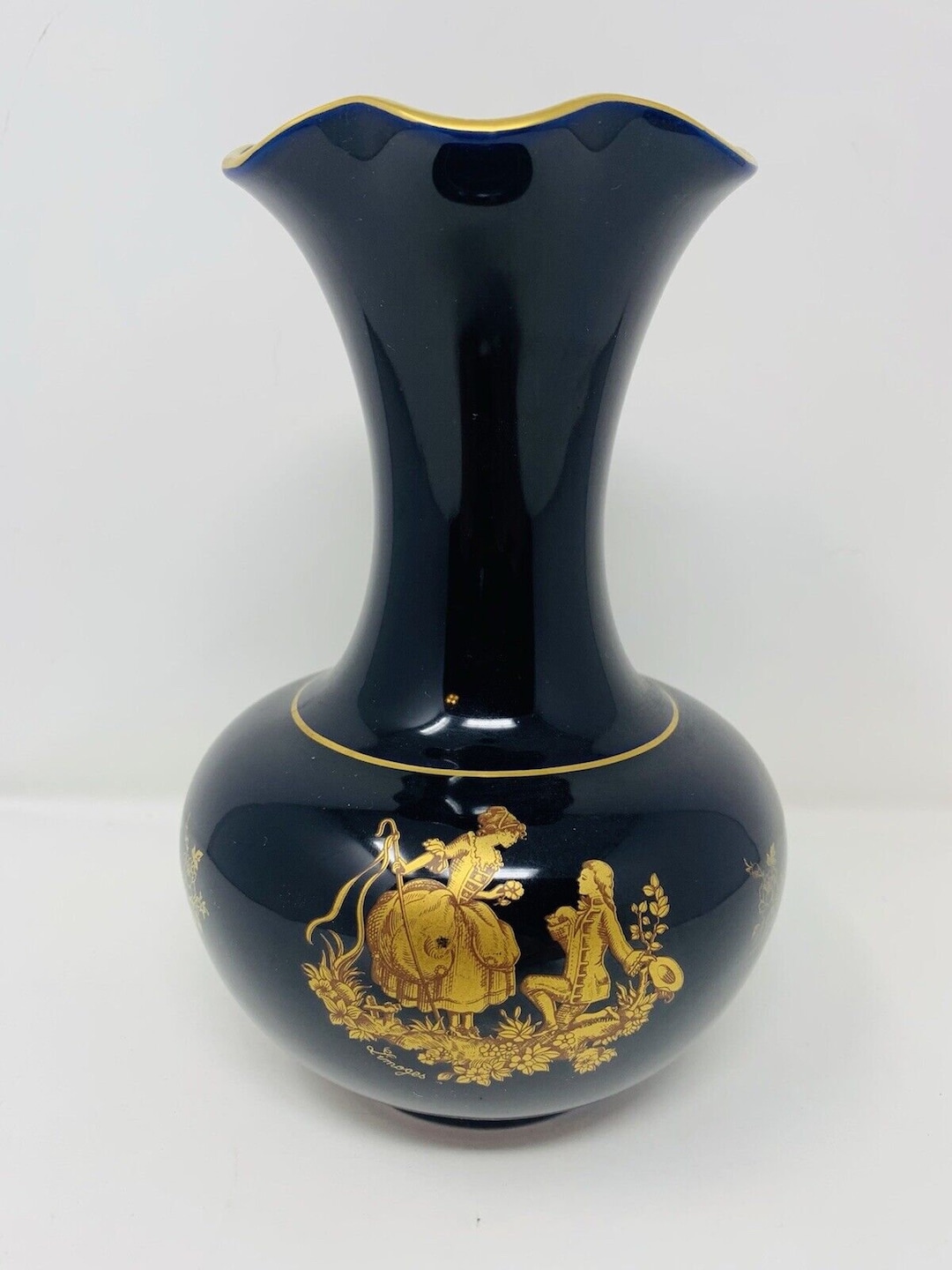 Limoges Castel France Cobalt Blue Vase Painted With 22k Gold T Ruffled ...