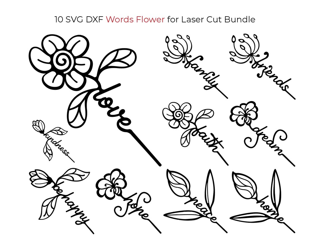 10 SVG DXF Words Flower Bundle for Laser Cut Love Kindness Be Happy ...