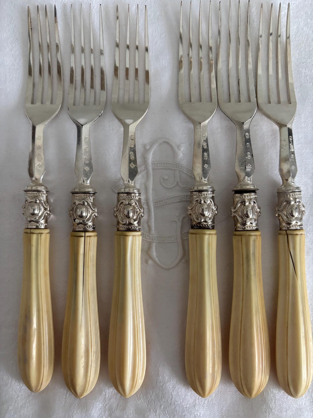 6 Antique Silver and Cream Forks, Dessert, Shabby Chic Luxury Victorian ...