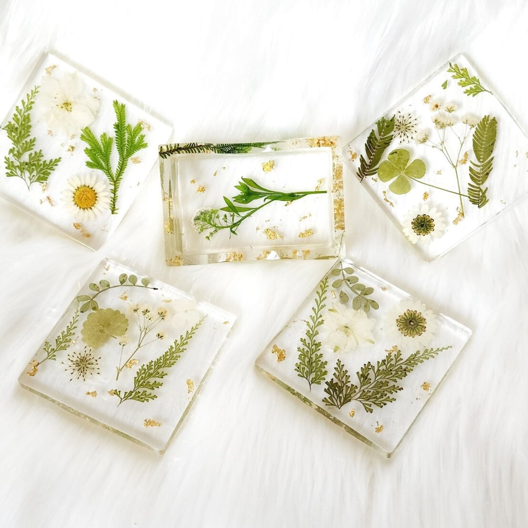 Pressed Floral Square Coaster Set With Holder Coaster With Flowers ...