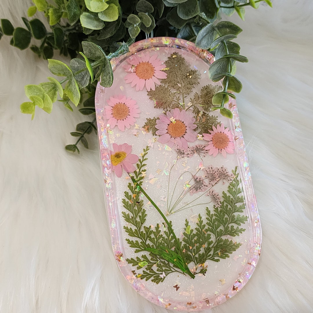 Pressed Floral Pink Daisy Tray - Pink Butterfly Tray - Pink Widlflowers ...