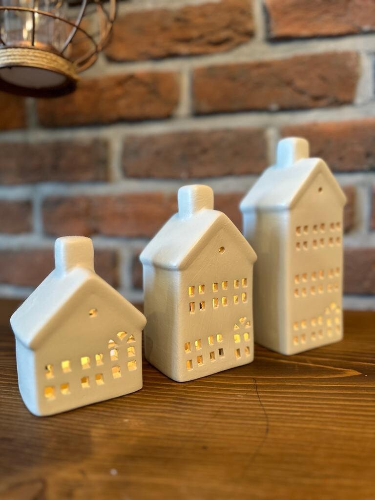 Set of 3 House Shaped Ceramic Candle Holders, Ceramic Candle Holder, Tiny House Decoration ...