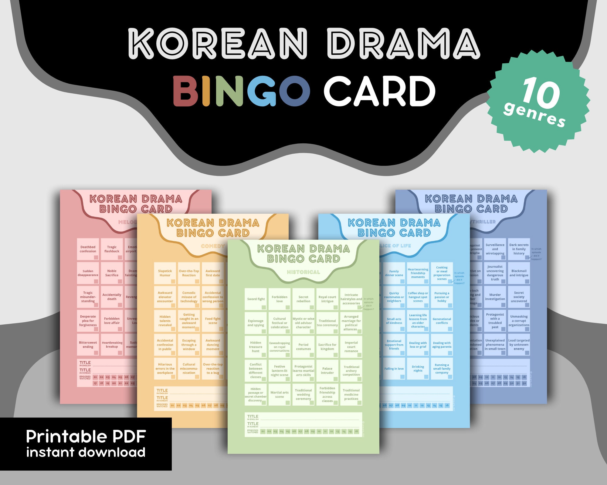 K-drama Bingo Card Bundle 10 Genres Korean Drama Episodes Bingo Chart ...