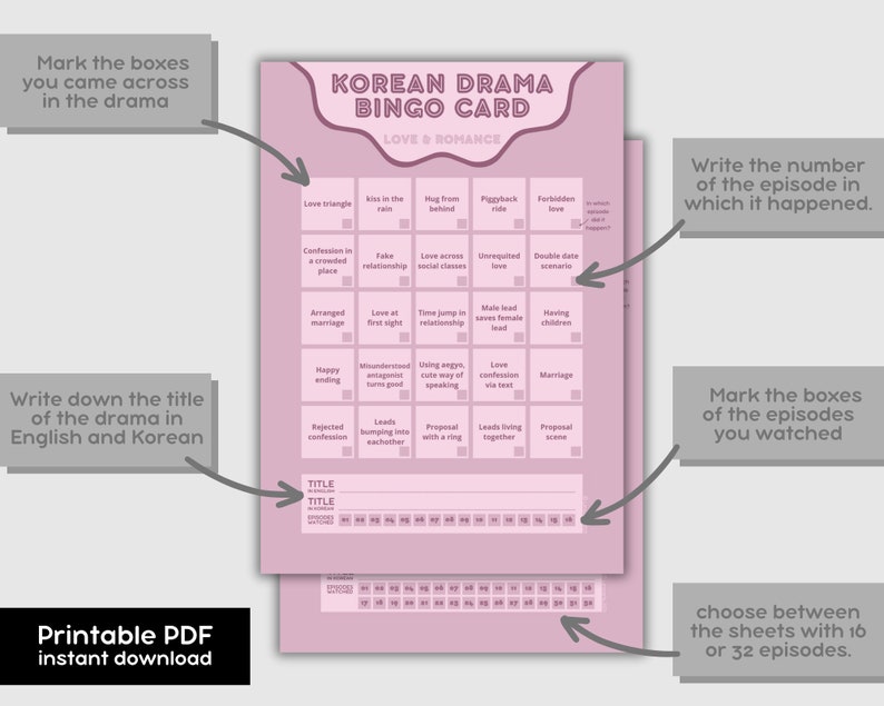 K-drama Bingo Card Bundle 10 Genres Korean Drama Episodes Bingo Chart ...