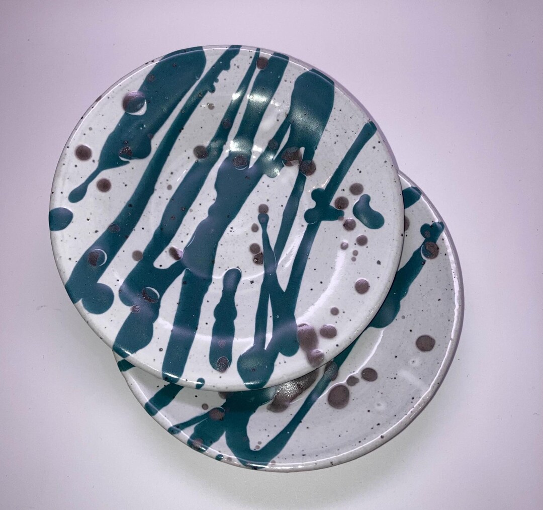 Ceramic Splatter Plates, White and Teal Plates - Etsy