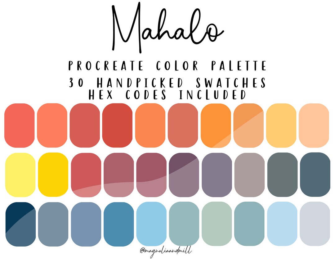 Mahalo Procreate Color Palette | 30 Color Swatches | Sunset Inspired ...