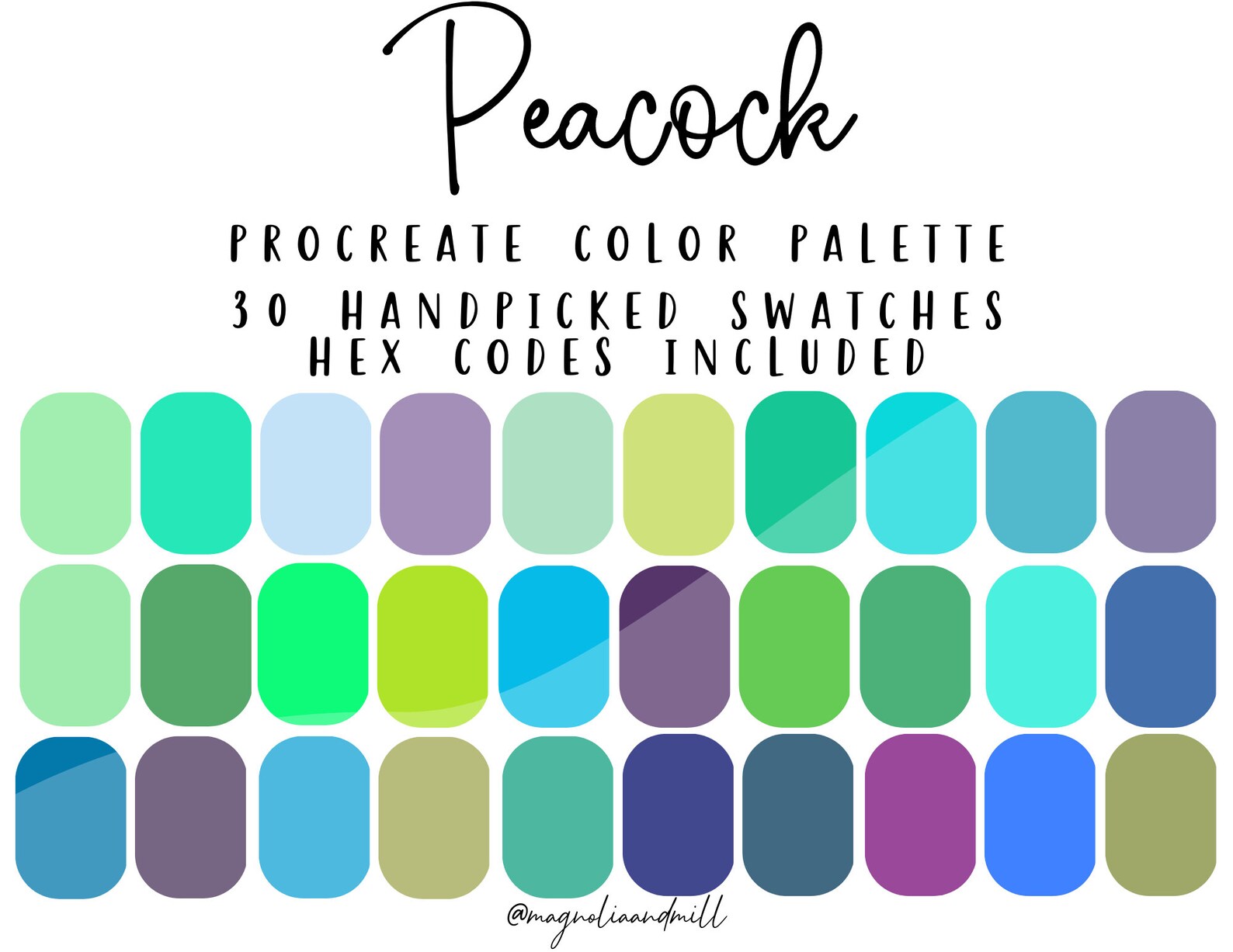 Peacock Procreate Color Palette | 30 Color Swatches | Cool Colors ...